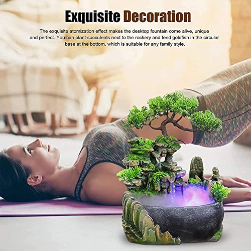 11inch Artificial Desktop Waterfall Bonsai Mini Rock Fountain, with LED Lights & Atomizer,for Indoor Relaxation Desktop Décoration Green