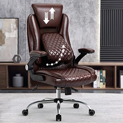 YAMASORO Comfortable Ergonomic Desk Chair Executive Office Chairs with Flip-up Armrests - Adjustable Headrest, Tilt and Lumbar Support - Black Bonded Leather,Brown