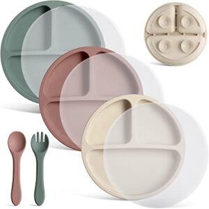 vitever 3 pack suction plates with lids and utensils for babies & toddlers, 100% food-grade silicone, divided design, microwave & dishwasher safe