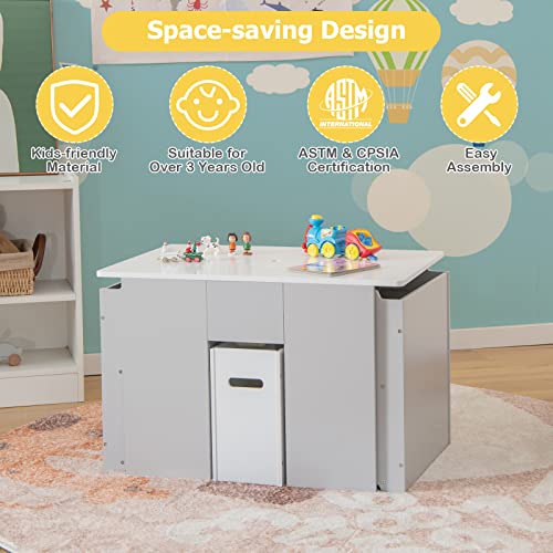 Costzon Kids Table and Chair Set, 4-in-1 Activity Table and 2 Chairs Set for Drawing, Reading, Multi-Purpose Kid’s Desk w/Lid, Removable Under Table Storage Bin, Stackable Chairs Cabinet (Grey)