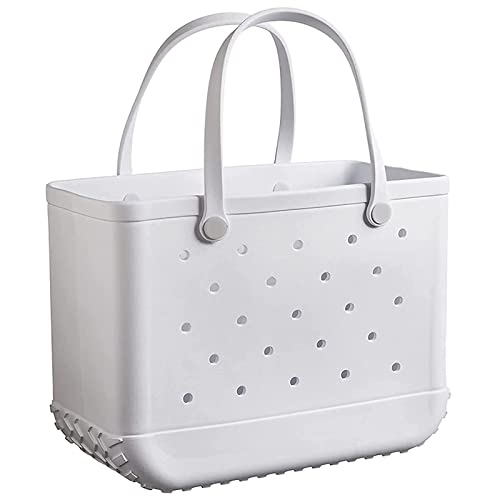 REMEK Tote Bag for Women Medium Beach Bag for Women Portable Travel Bag Handbag for Sports Pool 14.4x12.2x5.1 inches (White)