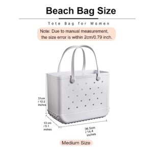 REMEK Tote Bag for Women Medium Beach Bag for Women Portable Travel Bag Handbag for Sports Pool 14.4x12.2x5.1 inches (White)