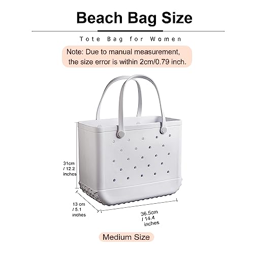 REMEK Tote Bag for Women Medium Beach Bag for Women Portable Travel Bag Handbag for Sports Pool 14.4x12.2x5.1 inches (White)