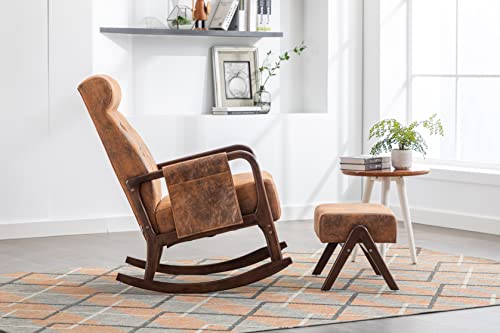 Cimcame Rocking Chair with Ottoman and Headrest Upholstered Nursery Glider Rocker Chair with Thick Padded Cushion High Backrest Accent Lounge Chairs for Living Room Bedroom