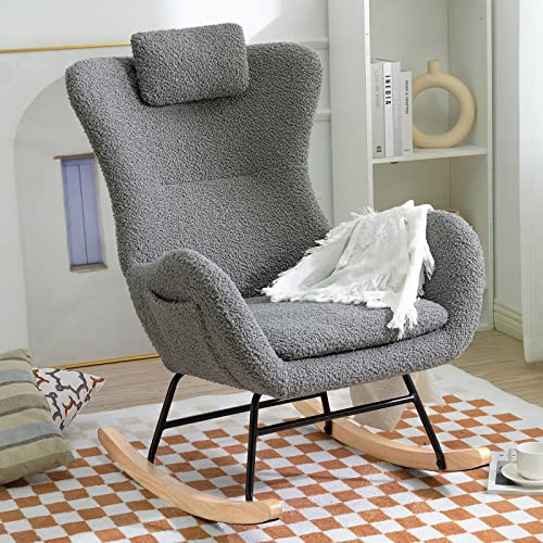 NIOIIKIT Nursery Rocking Chair, Comfy Accent Chair Padded Seat with High Backrest Armchair, Teddy Upholstered Glider Rocker Rocking for Nursery, Living Room, Bedroom (Grey)