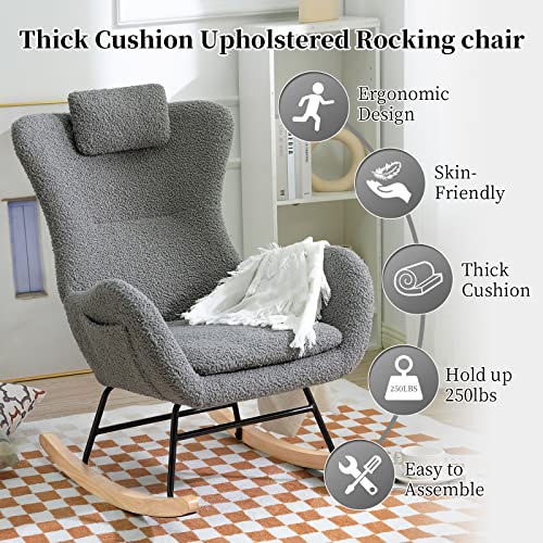 NIOIIKIT Nursery Rocking Chair, Comfy Accent Chair Padded Seat with High Backrest Armchair, Teddy Upholstered Glider Rocker Rocking for Nursery, Living Room, Bedroom (Grey)