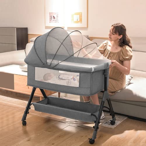 Baby Bassinet Bedside Sleeper Cradle Bedside Crib Grey Baby Bed Portable Bassinet for Newborn Infant Baby with Storage Basket Lockable Wheels Adjustable Height Easy Assemble Folding Breathable