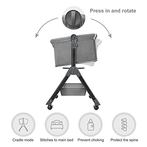 Baby Bassinet Bedside Sleeper Cradle Bedside Crib Grey Baby Bed Portable Bassinet for Newborn Infant Baby with Storage Basket Lockable Wheels Adjustable Height Easy Assemble Folding Breathable