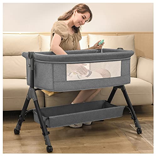 Baby Bassinet Bedside Sleeper Cradle Bedside Crib Grey Baby Bed Portable Bassinet for Newborn Infant Baby with Storage Basket Lockable Wheels Adjustable Height Easy Assemble Folding Breathable