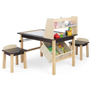 Costzon Kids Art Table and Chair Set, Wooden Drawing Painting Craft Center with Paper Roll, 2 Markers, 2 Storage Bins, Kids Activity Play Table with 2 Stools for Boys Girls Ages 3+ (Brown)