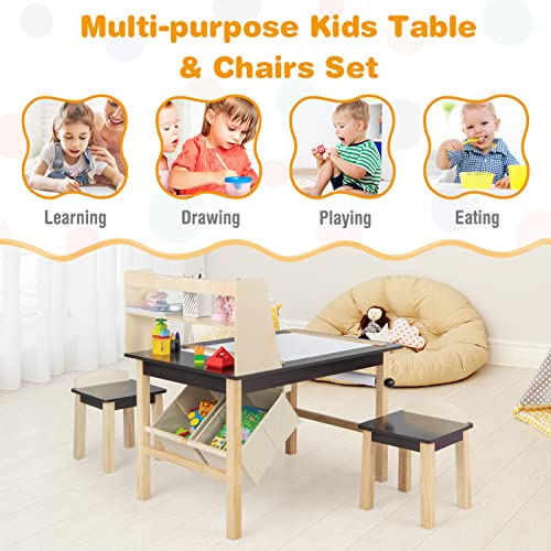 Costzon Kids Art Table and Chair Set, Wooden Drawing Painting Craft Center with Paper Roll, 2 Markers, 2 Storage Bins, Kids Activity Play Table with 2 Stools for Boys Girls Ages 3+ (Brown)