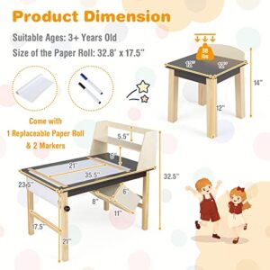 Costzon Kids Art Table and Chair Set, Wooden Drawing Painting Craft Center with Paper Roll, 2 Markers, 2 Storage Bins, Kids Activity Play Table with 2 Stools for Boys Girls Ages 3+ (Brown)