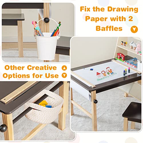 Costzon Kids Art Table and Chair Set, Wooden Drawing Painting Craft Center with Paper Roll, 2 Markers, 2 Storage Bins, Kids Activity Play Table with 2 Stools for Boys Girls Ages 3+ (Brown)