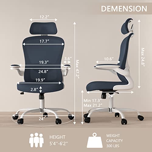 Office Chair, High Back Ergonomic Desk Chair, Breathable Mesh Desk Chair with Adjustable Lumbar Support and Headrest, Swivel Task Chair with flip-up Armrests, Executive Chair for Home Office