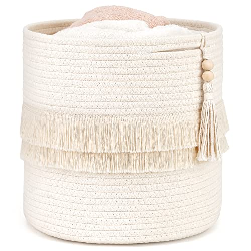 Dahey Macrame Decorative Cotton Rope Storage Basket Boho Nursery Decor Small Cute Woven Tassel Storage Bins Organizer with Wooden Bead for Baby Toys,blanket, Magazines, Living Room,Bedroom, 11"x11"