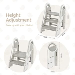 Duke Baby Kids Step Stool 3-Step Foldable Standing Tower with Handle - Learning Helper for Kitchen Bathroom and Potty Training - White