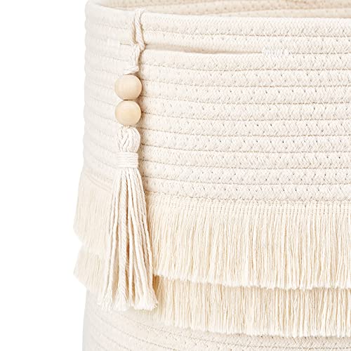 Dahey Macrame Decorative Cotton Rope Storage Basket Boho Nursery Decor Small Cute Woven Tassel Storage Bins Organizer with Wooden Bead for Baby Toys,blanket, Magazines, Living Room,Bedroom, 11"x11"