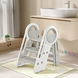 Duke Baby Kids Step Stool 3-Step Foldable Standing Tower with Handle - Learning Helper for Kitchen Bathroom and Potty Training - White