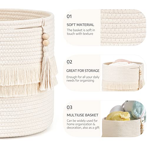 Dahey Macrame Decorative Cotton Rope Storage Basket Boho Nursery Decor Small Cute Woven Tassel Storage Bins Organizer with Wooden Bead for Baby Toys,blanket, Magazines, Living Room,Bedroom, 11"x11"