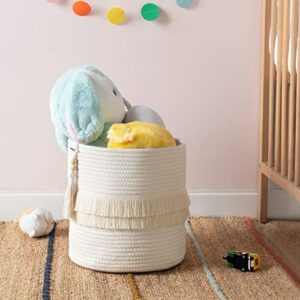 Dahey Macrame Decorative Cotton Rope Storage Basket Boho Nursery Decor Small Cute Woven Tassel Storage Bins Organizer with Wooden Bead for Baby Toys,blanket, Magazines, Living Room,Bedroom, 11"x11"