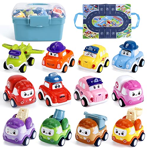 Kiddiworld Mini Car Toys for 1 Year Old Boy Gifts|12 Sets Baby Pull-Back Truck with Playmat and Storage Box for Toddlers Age 1-2|Baby Toys 12-18 Months|1st Birthday Gifts for One Year Old Infant Boy