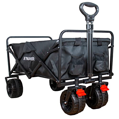 SKYMANOR Collapsible Wagon Cart Utility Beach Cart with Big All-Terrain Wheels for Sand with Cargo Straps Foldable Heavy Duty Beach Wagon for Outdoor Garden Camping Shopping (Black)