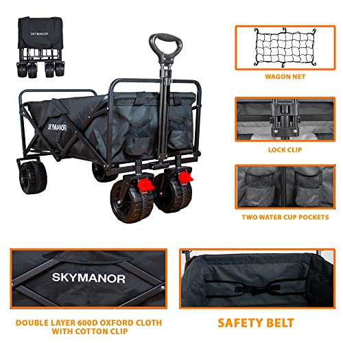 SKYMANOR Collapsible Wagon Cart Utility Beach Cart with Big All-Terrain Wheels for Sand with Cargo Straps Foldable Heavy Duty Beach Wagon for Outdoor Garden Camping Shopping (Black)