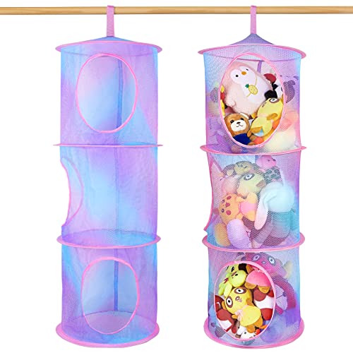 FIOBEE Stuffed Animals Hammock Net Toy Storage 2 Pack Hanging Stuffed Animals Organizer Holder Mesh Toy Organizer with 3 Compartments for Girls Room Closet Kids Playroom, Purple