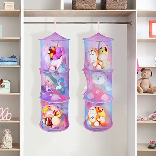 FIOBEE Stuffed Animals Hammock Net Toy Storage 2 Pack Hanging Stuffed Animals Organizer Holder Mesh Toy Organizer with 3 Compartments for Girls Room Closet Kids Playroom, Purple