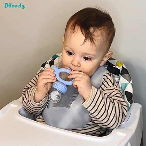 Dilovely Baby Fruit Feeder & Babies Food Freezer Trays with Lid, Pacifier Feeder, Silicone Food Molds Trays for Homemade Baby Food, Frozen Breast Milk Cube, BPA Free Blue