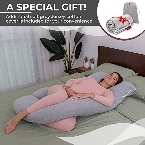 U Shaped Pregnancy Body Pillow with 2 Removable Covers for Sleeping Full Body, Head, Belly, Back, Leg Pillow for Side Sleepers Maternity Pillow (Mesh Airflow - Light Green + Jersey Light Grey)