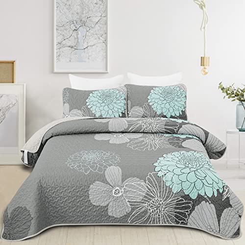 Green Floral Pattern Quilt Set California King Size - 3 Pieces Quilt Coverlet Elegant Bohemian Bedspread with 2 Pillowcases Soft Lightweight Microfiber Bedding Quilt Set for Adults (Green,106"x94")