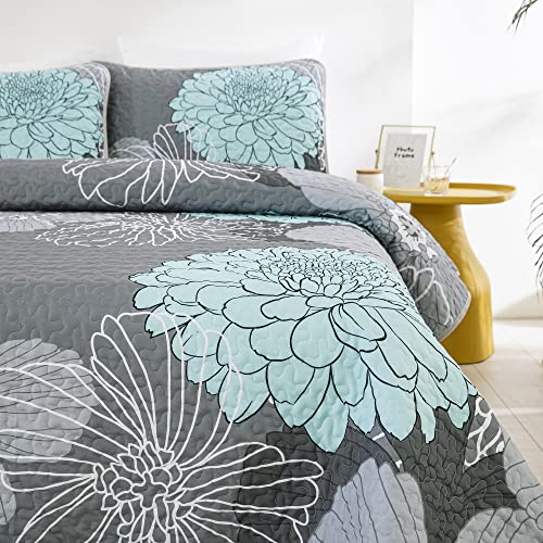 Green Floral Pattern Quilt Set California King Size - 3 Pieces Quilt Coverlet Elegant Bohemian Bedspread with 2 Pillowcases Soft Lightweight Microfiber Bedding Quilt Set for Adults (Green,106"x94")