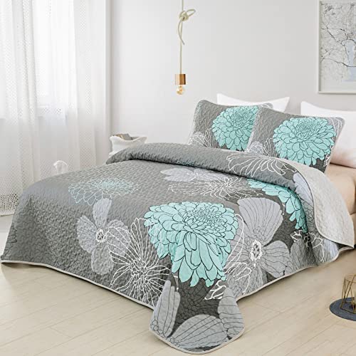 Green Floral Pattern Quilt Set California King Size - 3 Pieces Quilt Coverlet Elegant Bohemian Bedspread with 2 Pillowcases Soft Lightweight Microfiber Bedding Quilt Set for Adults (Green,106"x94")