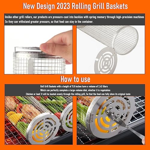 Grill Basket 2 PCS Rolling Grilling Baskets for Outdoor Grilling,Bbq Grill Grilling Basket Cylinder.Barbeque Stainless Steel Accessories for Fish, Shrimp, Meat, Vegetables, Fries (11.8 inch*2)