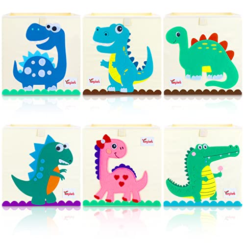 Kacctyen 6 Pcs 13 Inch Foldable Dinosaur Toy Storage Cubes Animal Organizer Bins Fabric Toy Box Chest Basket Container for Toddlers Kids Boys and Girls Nursery Playroom