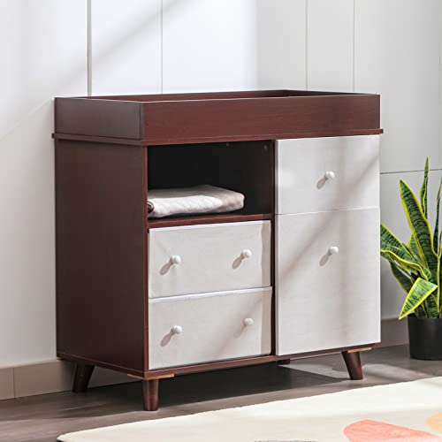 MOOITZ Changing Table Dresser with 3 Drawers, 2 Cabinets, Can be Used as a Baby Changing Table Dresser, a Dresser Changing Table, Changing Table with Drawers(White Dark Brown)