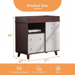 MOOITZ Changing Table Dresser with 3 Drawers, 2 Cabinets, Can be Used as a Baby Changing Table Dresser, a Dresser Changing Table, Changing Table with Drawers(White Dark Brown)