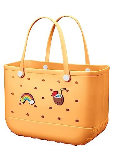 Qkstan Beach Bag Rubber Tote Bag Waterproof Travel Bags for Women Washable Tote Bag Handbag for Sports Beach Market Pool 15×5.25×13In(Yellow, Large)