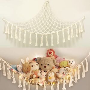 eltnegsa boho stuffed animal hammock with led light，stuffed animal storage for girls room decor and nursery decor,stuffed animal net for baby room decor and toddler room decor for girls