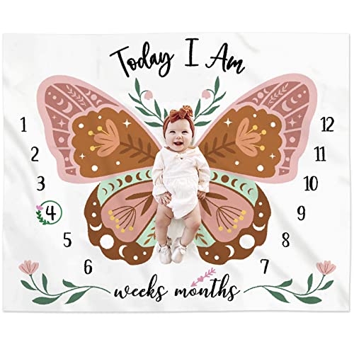 Eunikroko Boho Baby Blanket Butterfly Monthly Milestone Bohemian Floral Girl Photo Prop Sage Green and Pink Blanket Ideas for Baby Stuff Shower Newborn Decorations Nursery Gift Decor Expecting Mom