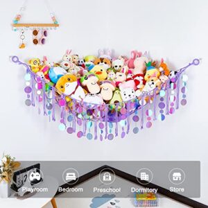 FIOBEE Stuffed Animals Hammock Net Toy Storage Organizer with LED Light, Stuffed Animals Storage Girls Room Décor Wall Hanging with Sequins for Kids Bedroom Nursery Playroom, Purple