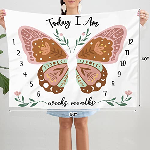 Eunikroko Boho Baby Blanket Butterfly Monthly Milestone Bohemian Floral Girl Photo Prop Sage Green and Pink Blanket Ideas for Baby Stuff Shower Newborn Decorations Nursery Gift Decor Expecting Mom