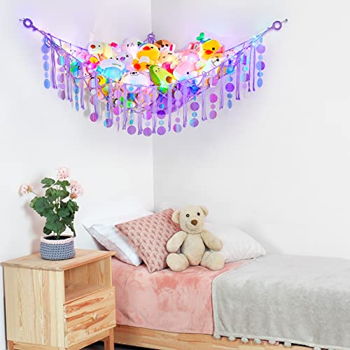 FIOBEE Stuffed Animals Hammock Net Toy Storage Organizer with LED Light, Stuffed Animals Storage Girls Room Décor Wall Hanging with Sequins for Kids Bedroom Nursery Playroom, Purple