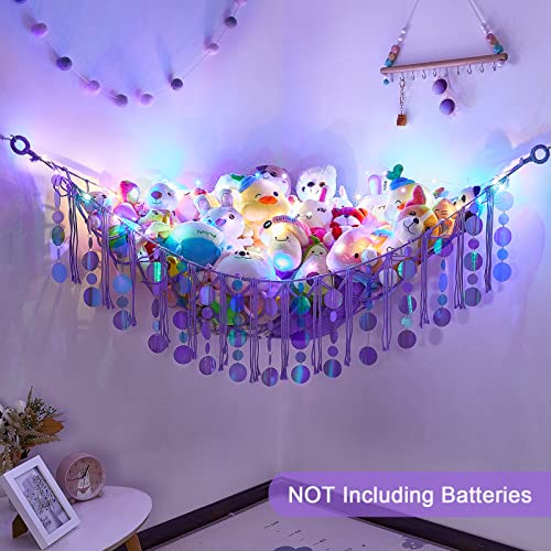 FIOBEE Stuffed Animals Hammock Net Toy Storage Organizer with LED Light, Stuffed Animals Storage Girls Room Décor Wall Hanging with Sequins for Kids Bedroom Nursery Playroom, Purple