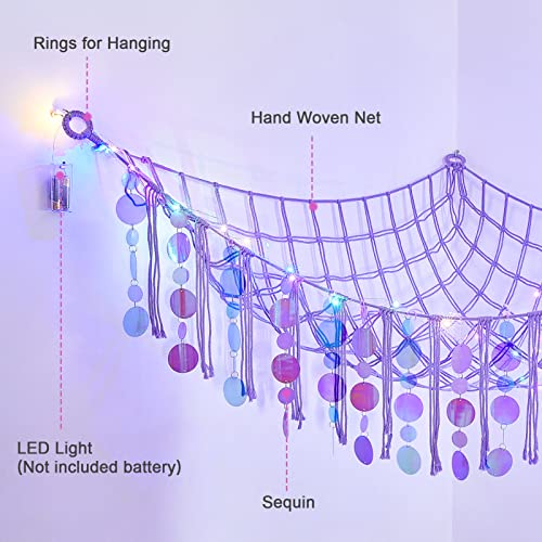 FIOBEE Stuffed Animals Hammock Net Toy Storage Organizer with LED Light, Stuffed Animals Storage Girls Room Décor Wall Hanging with Sequins for Kids Bedroom Nursery Playroom, Purple