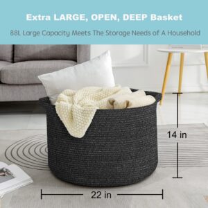 MEGASKET Large Black Blanket Basket, 22" X 22" X 14" Woven Rope Baskets for Storage, Kids Dog Toy Storage Baskets Organizer Bins, Blanket Storage for Living Room, Black Wicker Baskets for Organizing