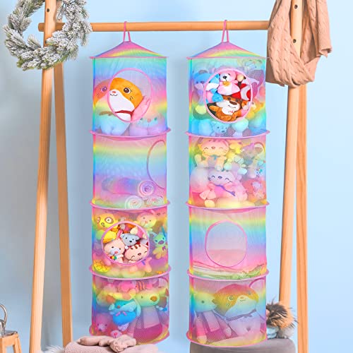 Stuffed Animals Hammock 2 Pcs Toy Storage Unicorn Castle Foldable Toy Organizers 4 Compartments Stuffed Animals Net Hanging Mesh For Kids Room Nursery