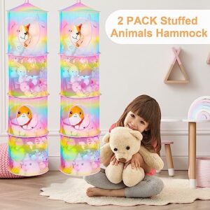 Stuffed Animals Hammock 2 Pcs Toy Storage Unicorn Castle Foldable Toy Organizers 4 Compartments Stuffed Animals Net Hanging Mesh For Kids Room Nursery