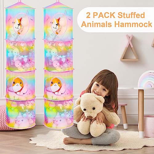 Stuffed Animals Hammock 2 Pcs Toy Storage Unicorn Castle Foldable Toy Organizers 4 Compartments Stuffed Animals Net Hanging Mesh For Kids Room Nursery